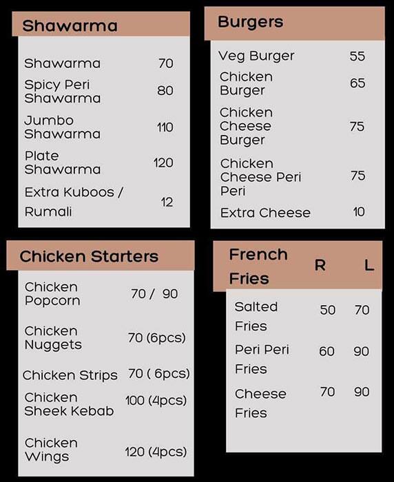 Menu of Cafe Laze, Jakkur, Bangalore