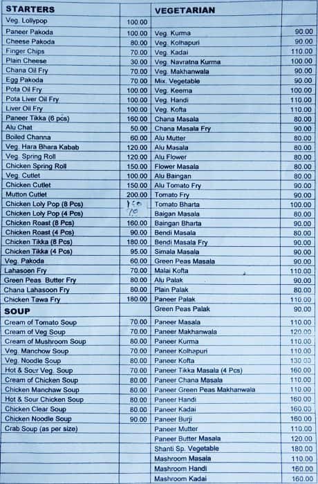 Shanti Restaurant & Bar Menu - Zomato