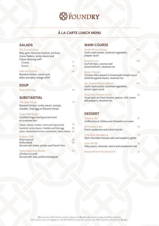Menu of The Foundry, Tourist Club Area (Al Zahiyah), Abu Dhabi