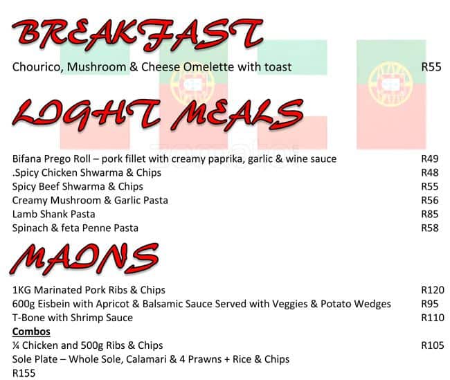 Menu at A Choupana cafe, Johannesburg South, Rietvlei Zoo Farm