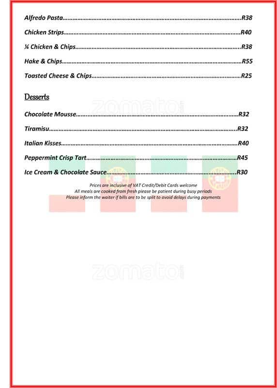 Menu at A Choupana cafe, Johannesburg South, Rietvlei Zoo Farm