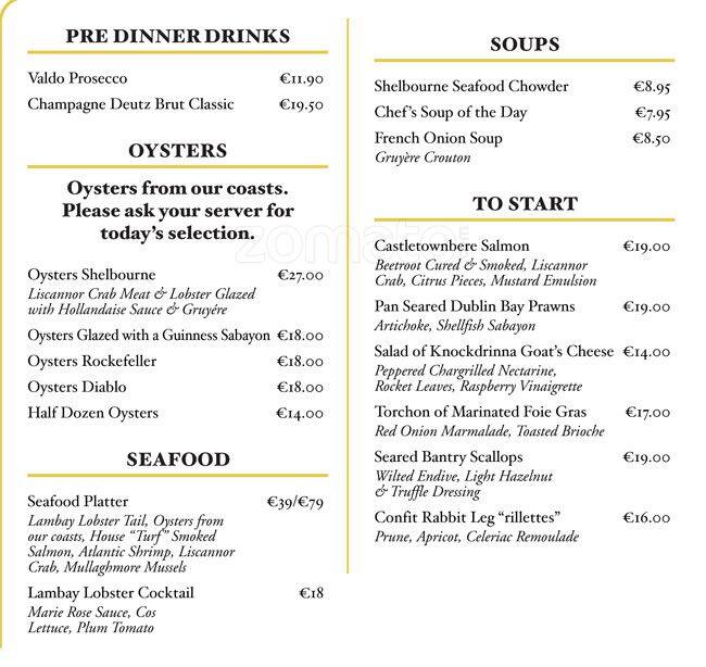 Menu at The Saddle Room restaurant, Dublin