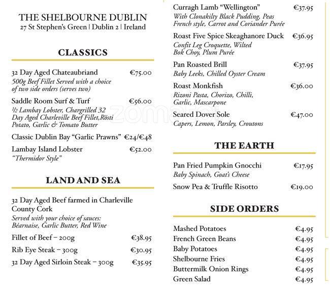 Menu at The Saddle Room restaurant, Dublin
