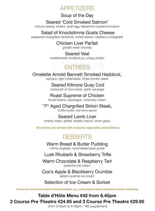 Menu at The Saddle Room restaurant, Dublin