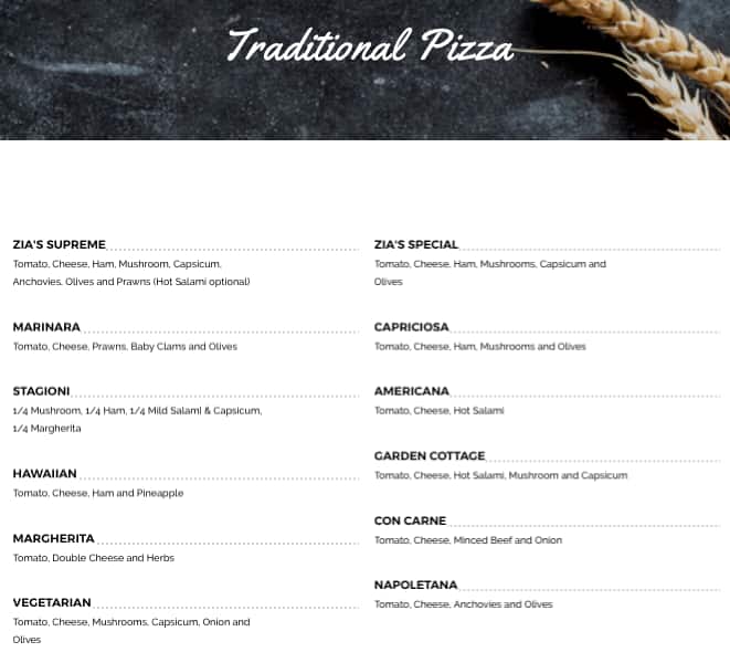 Menu at Zia Cafe, Hawthorn