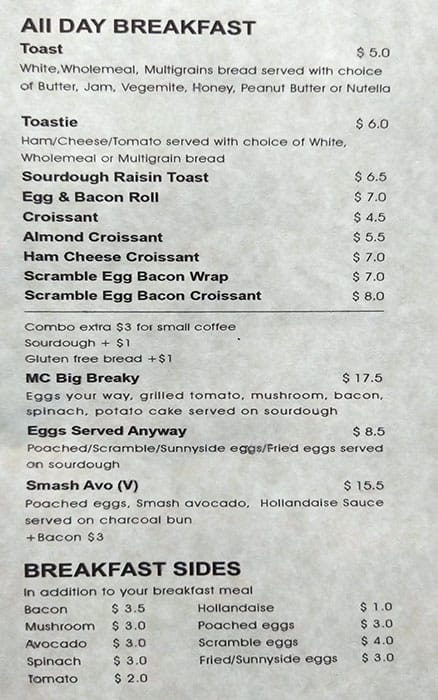 Menu at MC Square Cafe, Doncaster