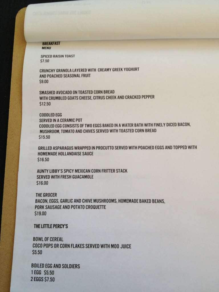 Menu at Percy and Percy cafe, Bendigo