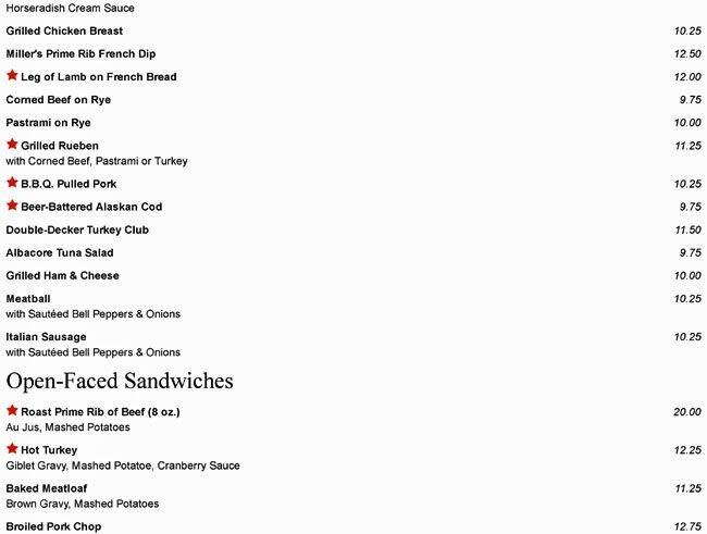 Menu at Miller's Pub, Chicago, 134 S Wabash Ave