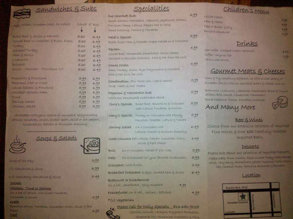 Menu at European Gourmet cafe, Brandon