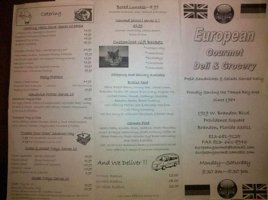 Menu at European Gourmet cafe, Brandon