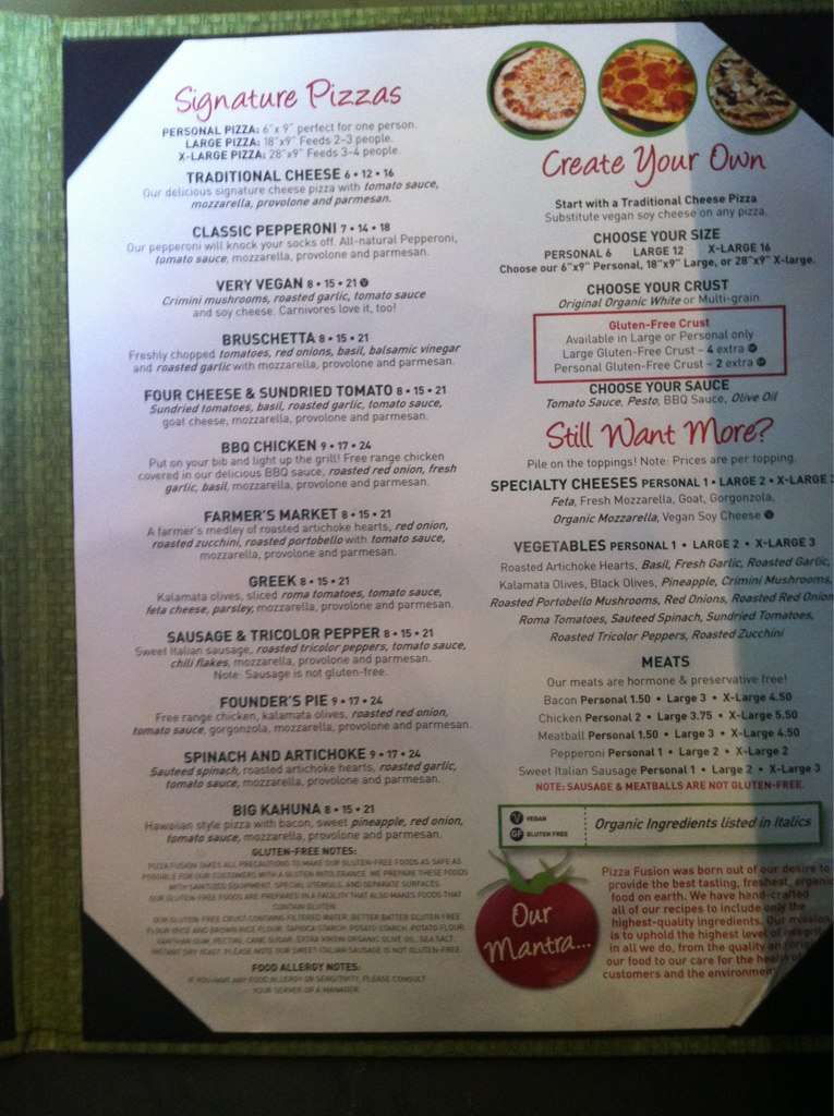 Menu at Pizza Fusion pub & bar, Tampa, 777 N Ashley Dr