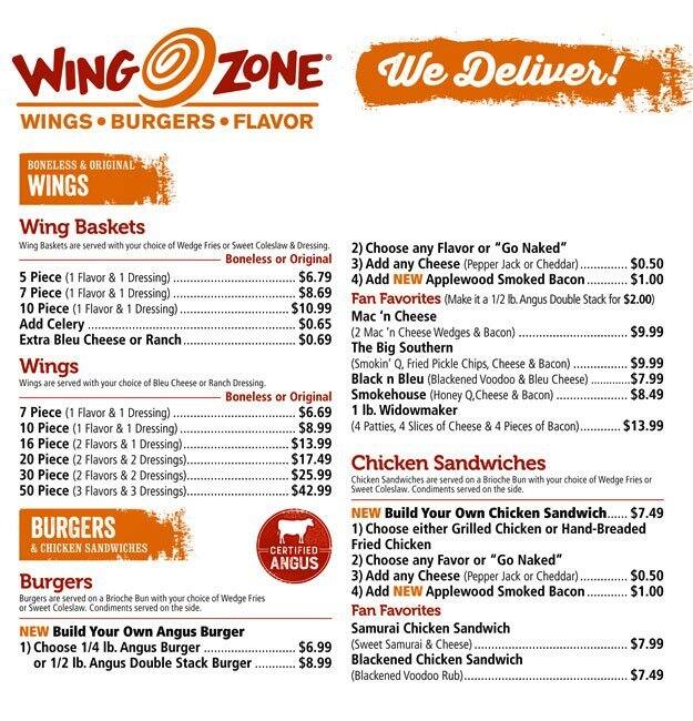 Menu at Wing Zone fast food, Charlotte, N Tryon St T