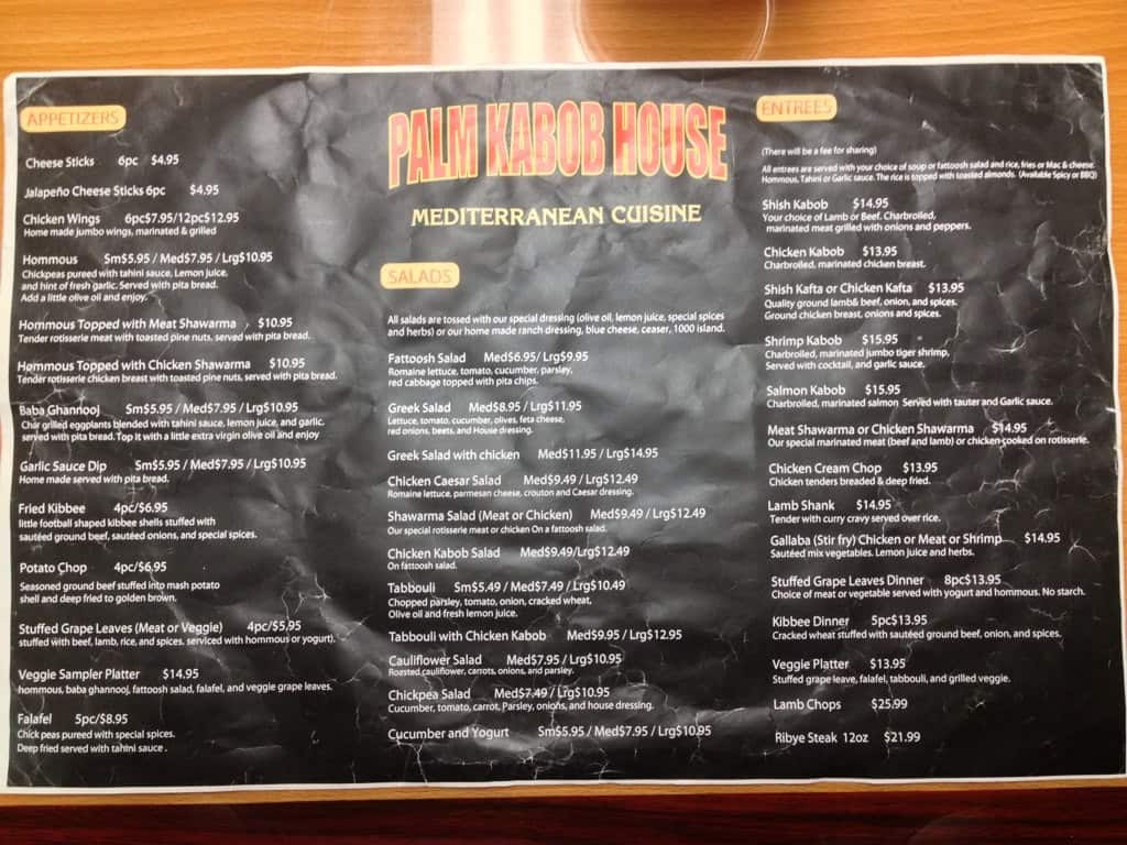 Menu at Palm Kabob House pub & bar, Twentynine Palms