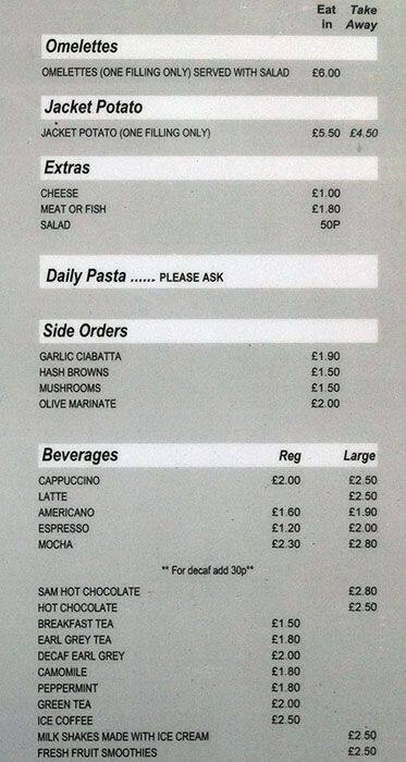 Menu at Aldo's cafe, London