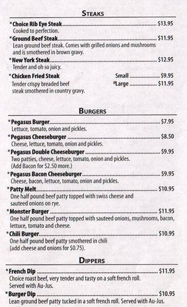 Menu at Pegasus, Snohomish
