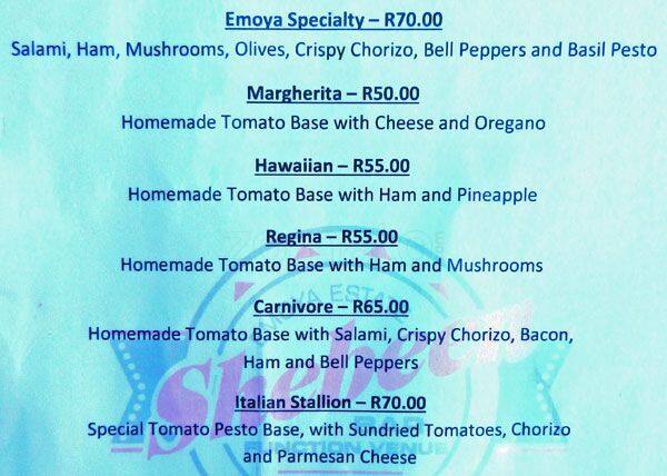 Menu at The Shebeen pub & bar, Bloemfontein
