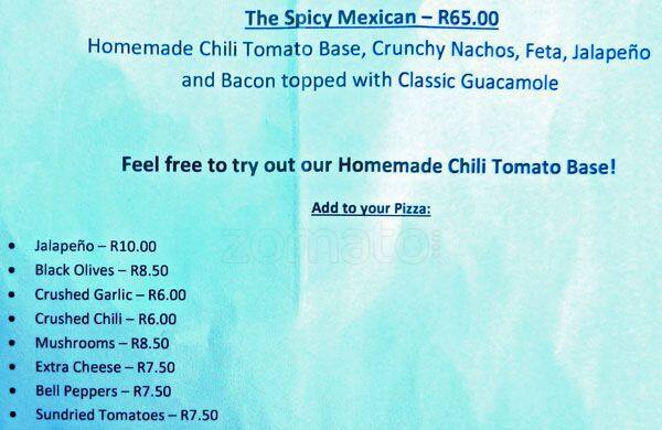 Menu at The Shebeen pub & bar, Bloemfontein