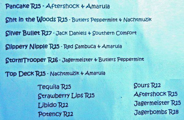 Menu at The Shebeen pub & bar, Bloemfontein