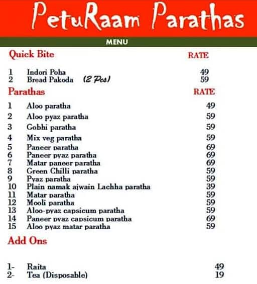 Menu of Petuu Ram, Sector 14, Gurgaon