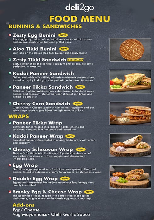 Menu at deli2go Cafe, Chennai