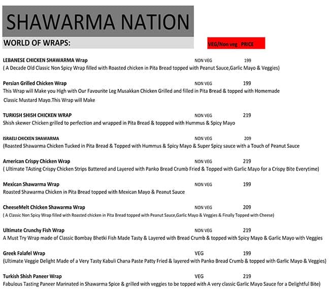 Menu of Shawarma Nation, Garia, Kolkata
