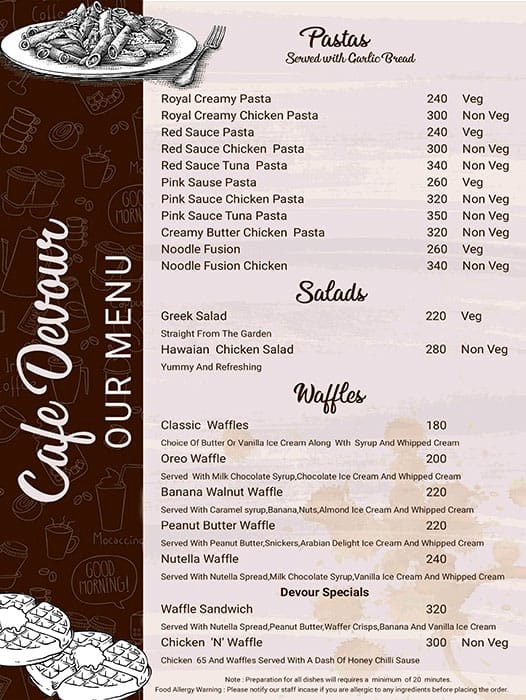 Menu at Cafe Devour - 1950 The London cafe, Thiruvananthapuram