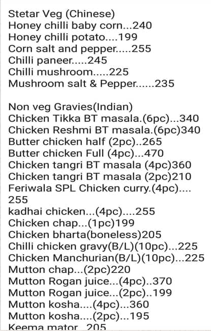 Menu at Feriwala, Kolkata