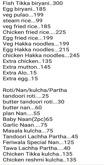 Menu at Feriwala, Kolkata