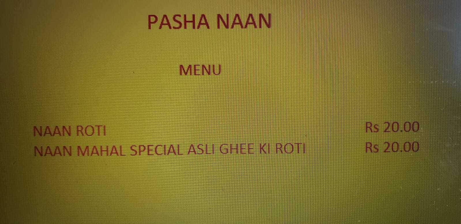 Menu of Pasha Naan, Mehdipatnam, Hyderabad