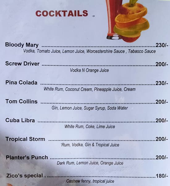 Menu of Zico Bar & Restaurant, Calangute, Goa