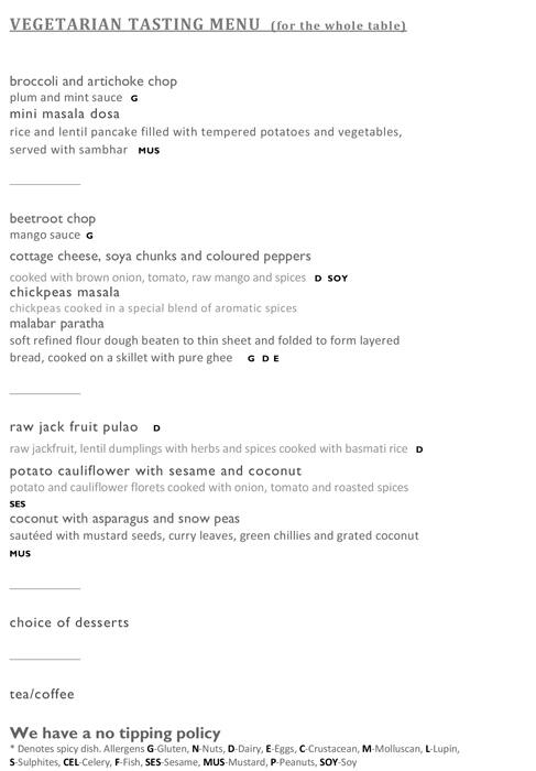 Menu at Quilon restaurant, London