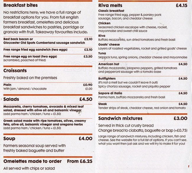 Menu at Cafe Riva, London, 200 Borough High St