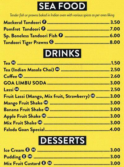 Menu at Taste of Goa restaurant, London, 74-76 The Green