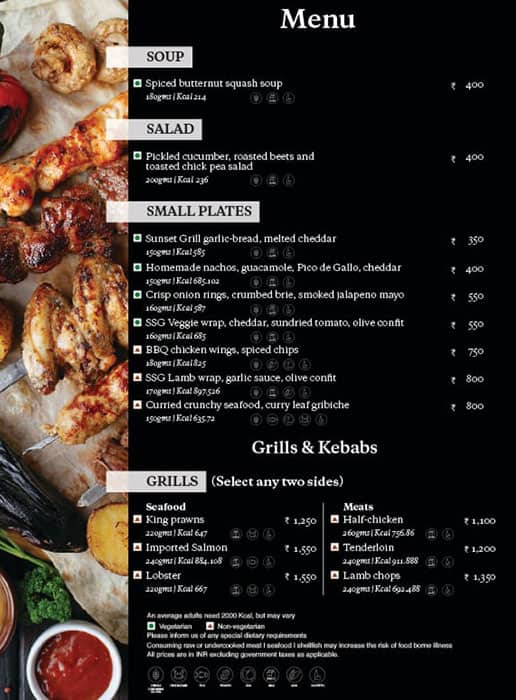 Menu of Sunset Grill - The Westin Chennai Velachery, Velachery, Chennai
