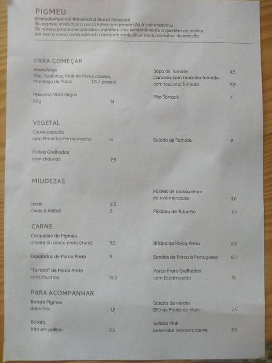 Menu at Pigmeu restaurant, Lisbon