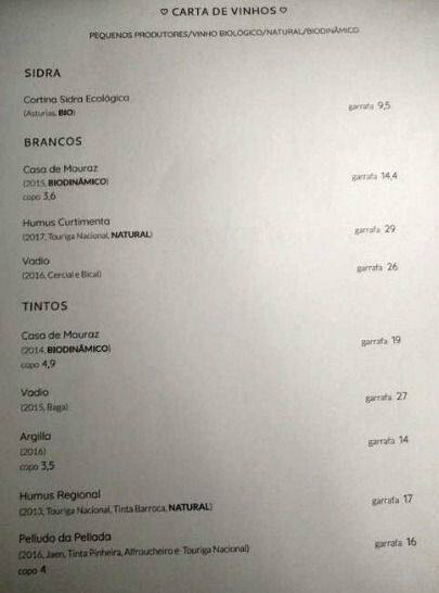 Menu at Pigmeu restaurant, Lisbon