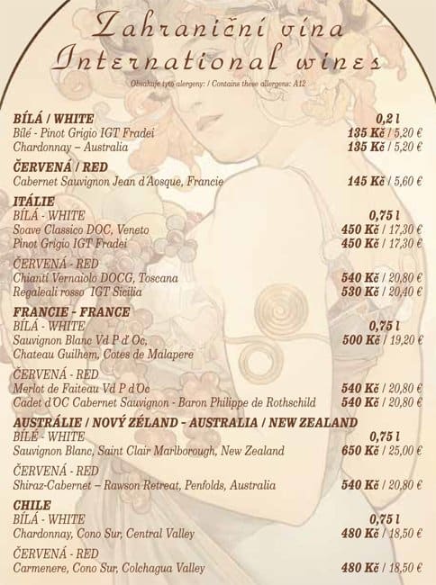 Menu at Municipal House restaurant, Prague