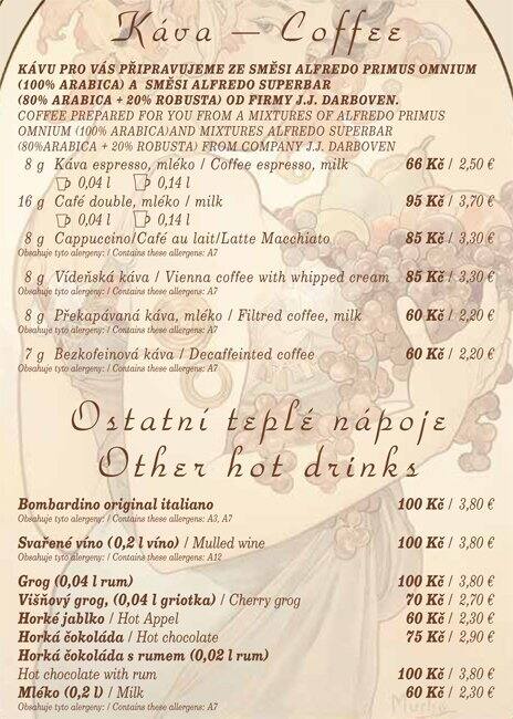 Menu at Municipal House restaurant, Prague