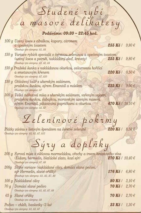 Menu at Municipal House restaurant, Prague