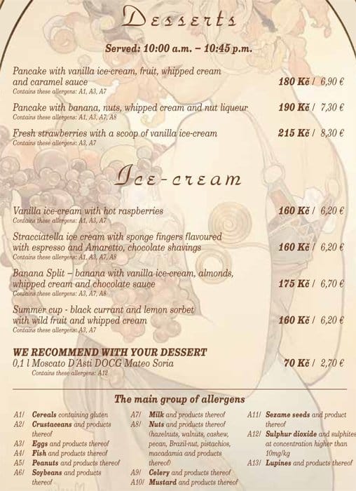 Menu at Municipal House restaurant, Prague