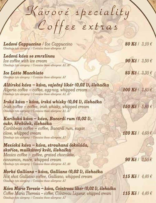 Menu at Municipal House restaurant, Prague