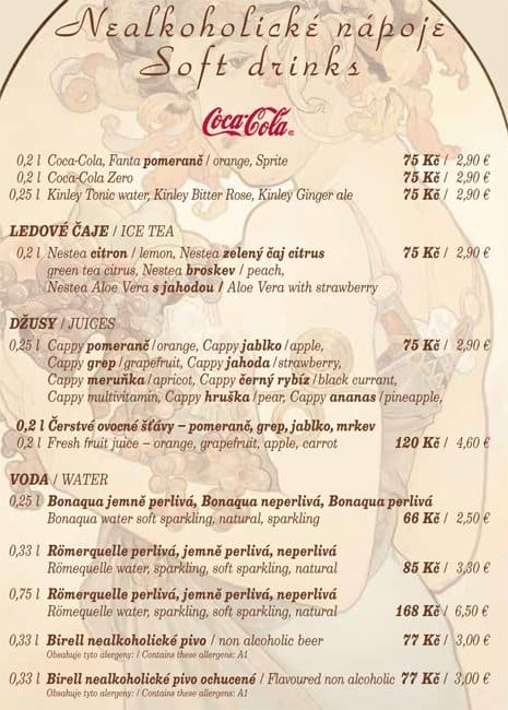 Menu at Municipal House restaurant, Prague