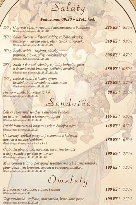 Menu at Municipal House restaurant, Prague