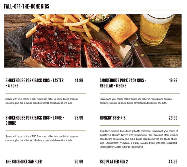 Menu at Montana's steakhouse, Surrey