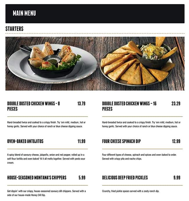 Menu at Montana's steakhouse, Surrey