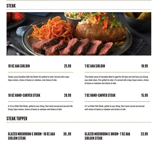 Menu at Montana's steakhouse, Surrey