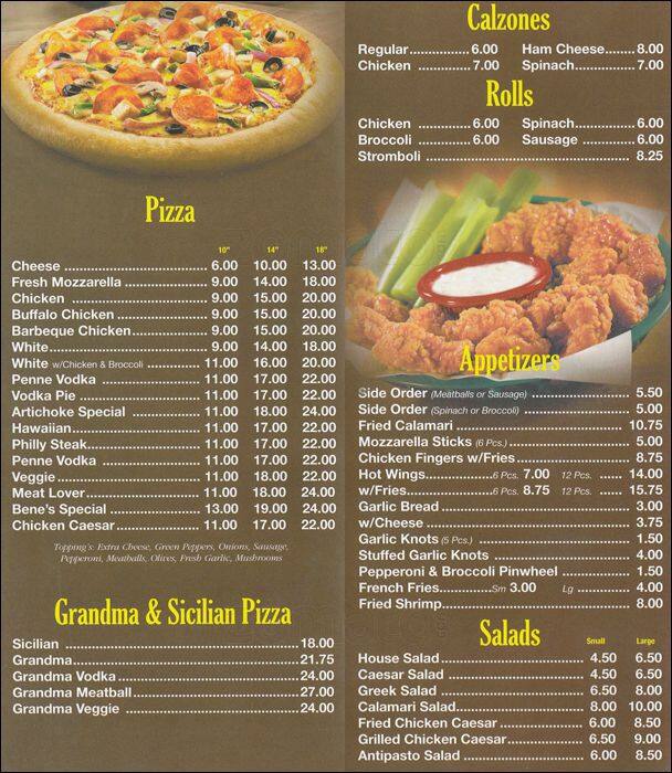 Carta de pizzería Bene pizza, Nueva York