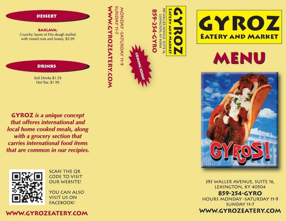 Menu at Gyroz Eatery restaurant, Lexington