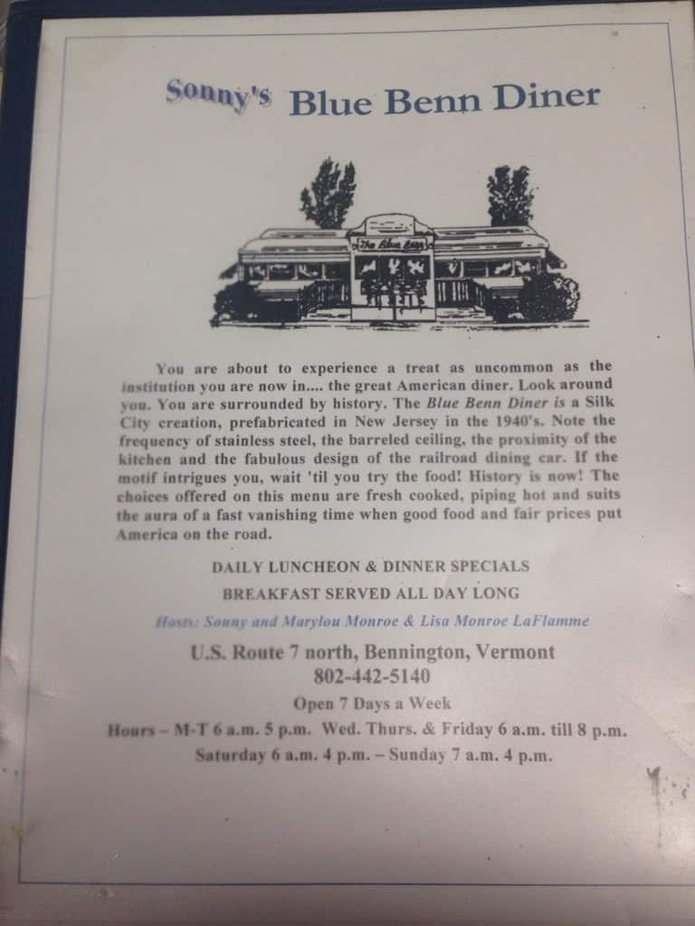 Menu at Blue Benn restaurant, Bennington