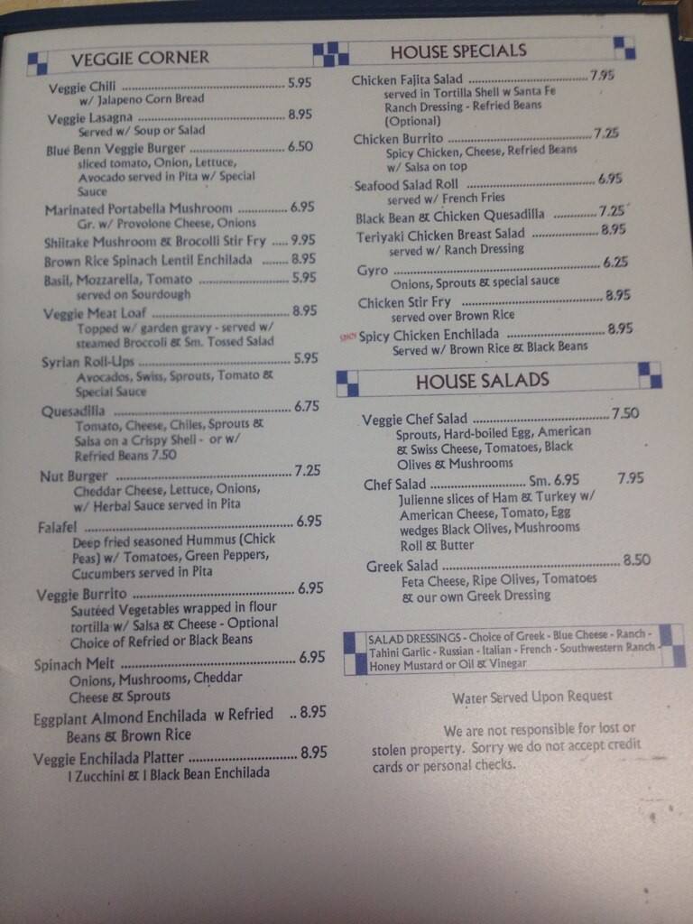 Menu at Blue Benn restaurant, Bennington
